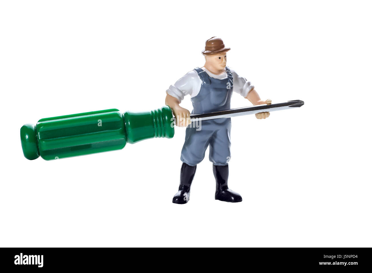 Toy man with screwdriver in hands on a white background Stock Photo - Alamy