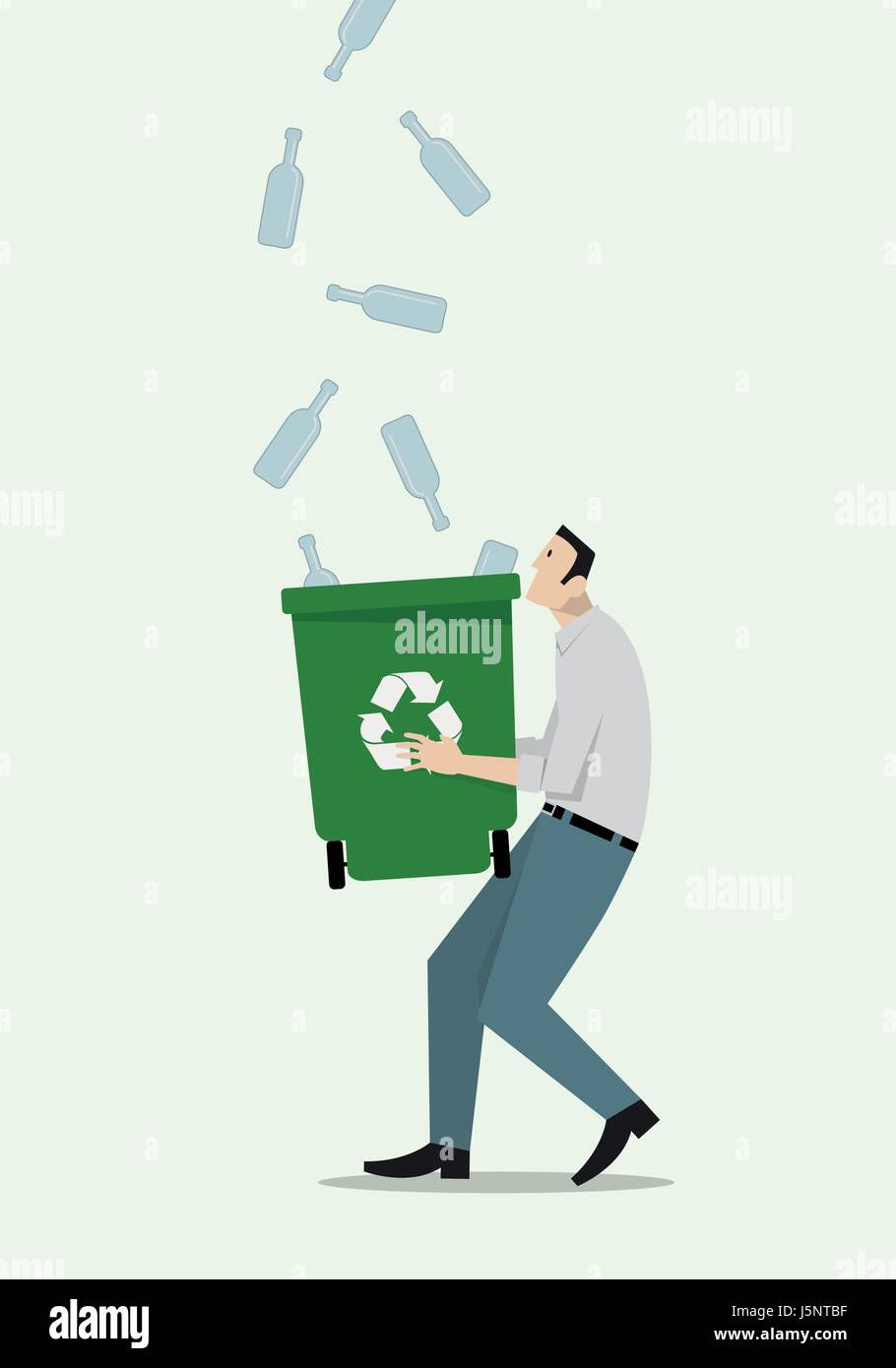 Side view of cartoon man collecting empty glass bottles with recycle ...