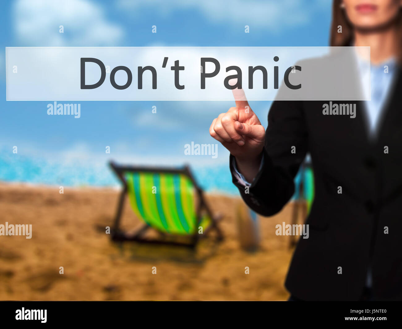Don't Panic - Businesswoman hand pressing button on touch screen ...