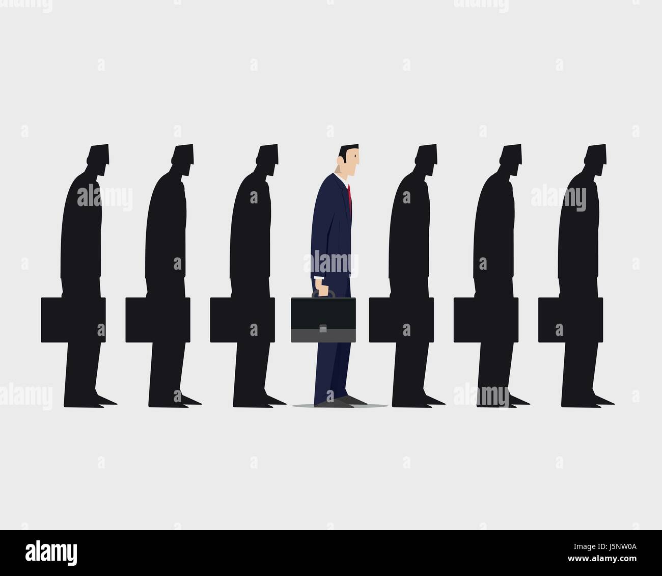 Businessman standing out from crowd of group identical black fellows on ...