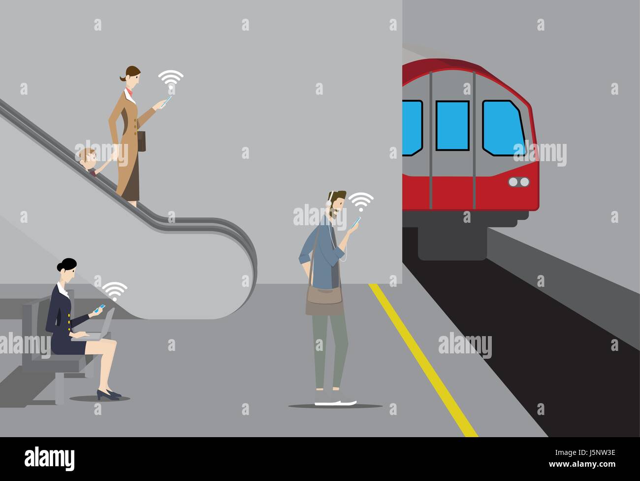 Passengers use their mobile devices on the subway platform Stock Vector ...