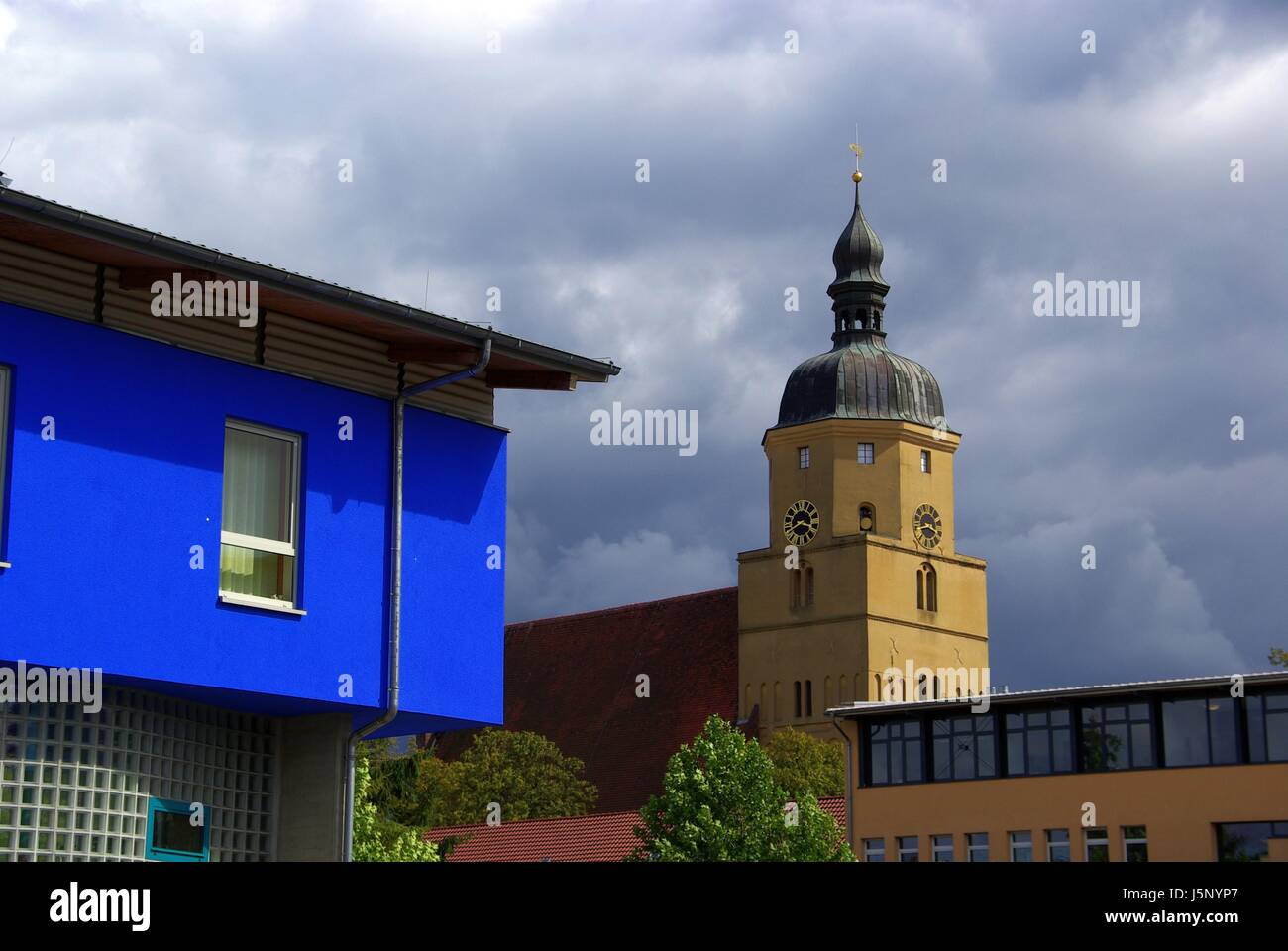 blue house building church city town cloud thunder-storm thunderstorm ...