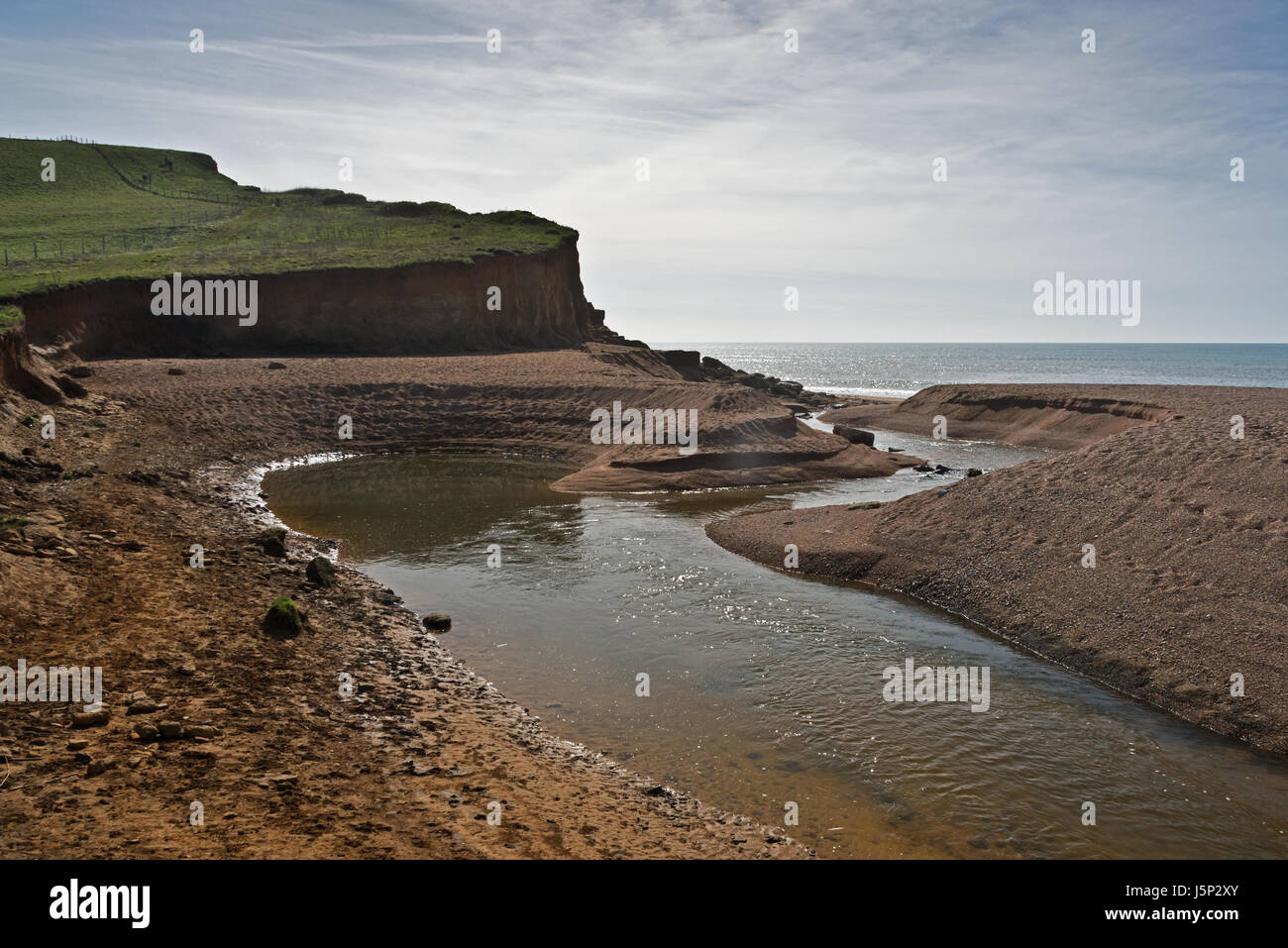 The River Bride crossing the beach and meeting the sea at Burton ...
