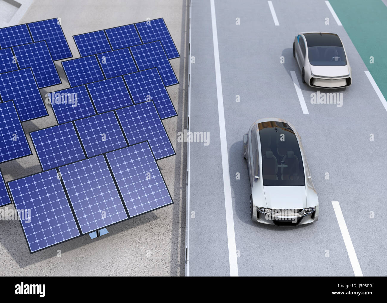 Electric cars driving on the highway. Solar panel station on the ...