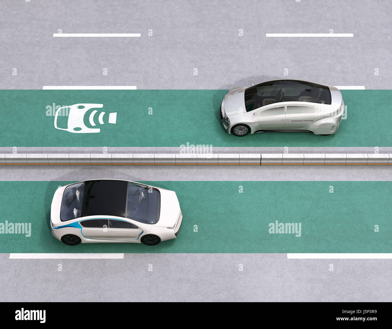 Electric cars driving on the wireless charging lane of the highway. 3D ...