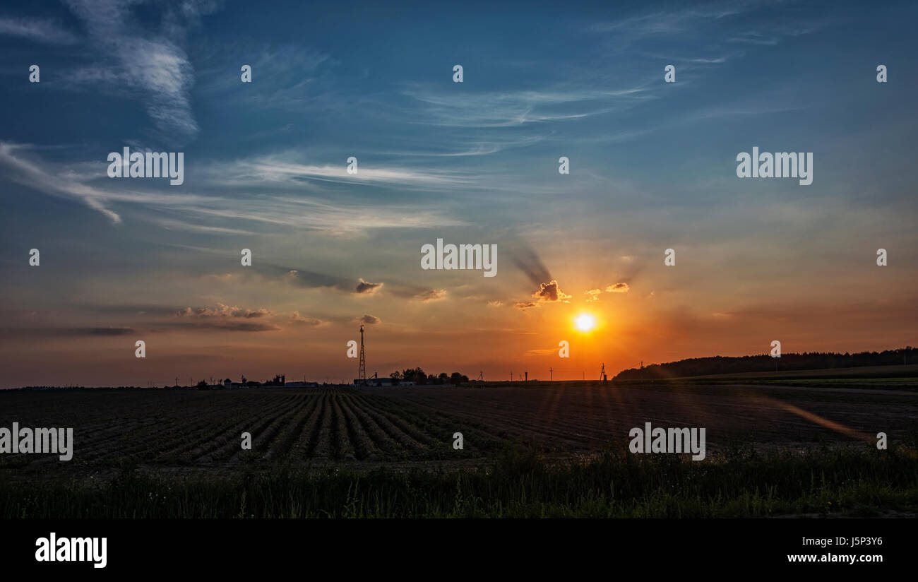 Sunset sun with divergent rays in cirrus clouds Stock Photo - Alamy