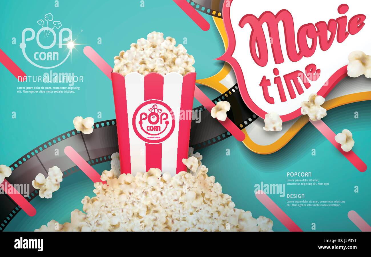 Delicious popcorn ads, white and red stripes package with filmstrip ...