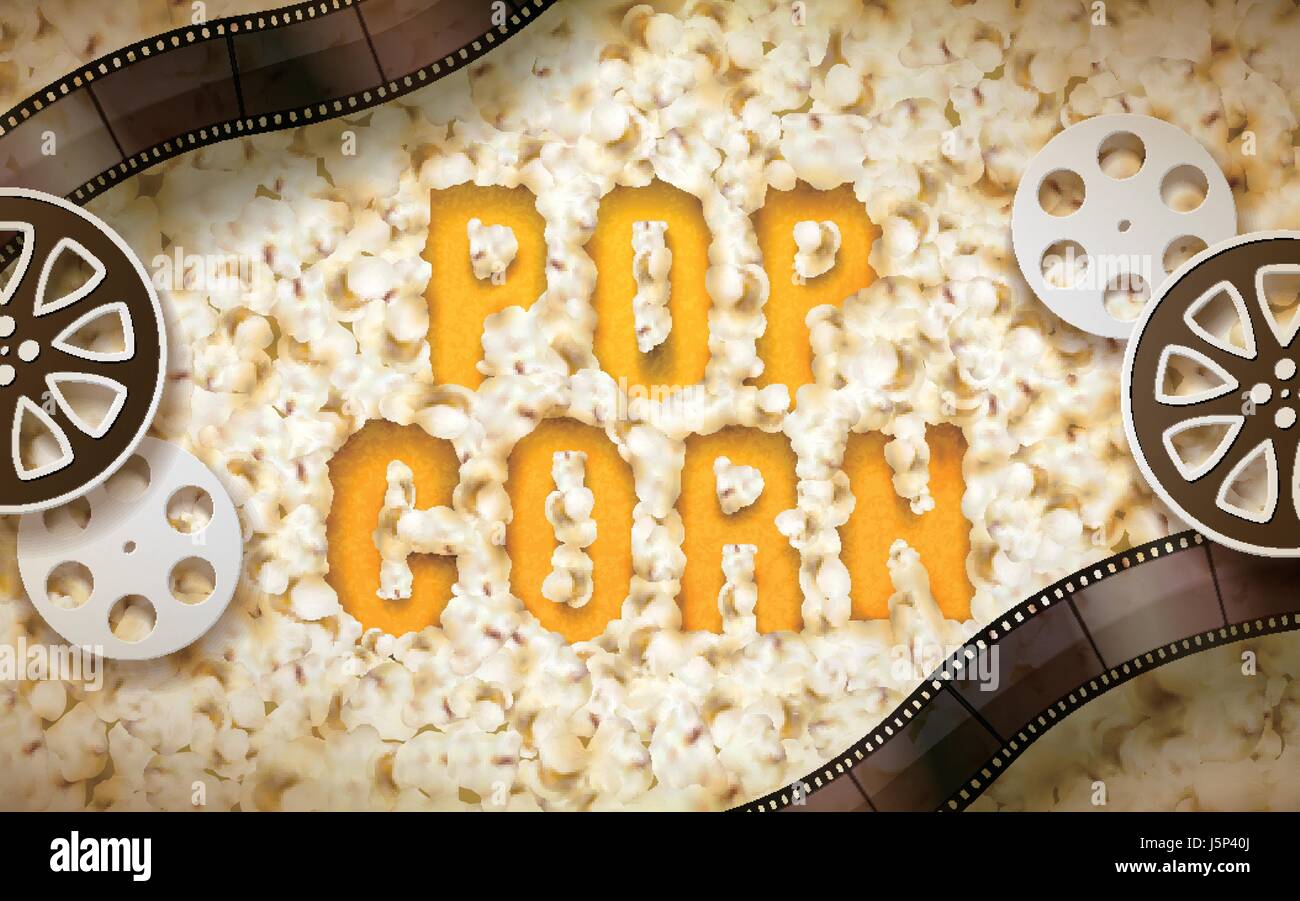 Popcorn word displayed by popcorn, with filmstrip and reel elements, 3d ...