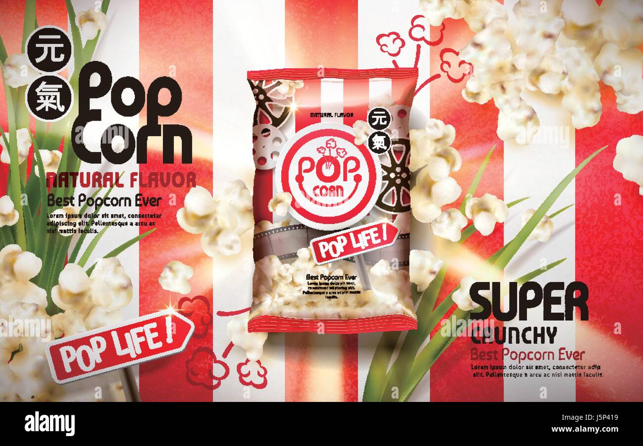 Crunchy popcorn ads, with scallion elements isolated on white and red ...