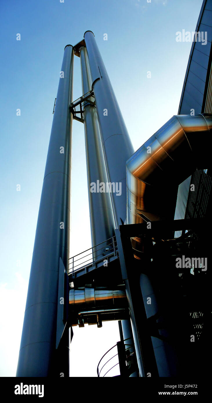 blue industry power station industrial plant steel three bright shiny ...