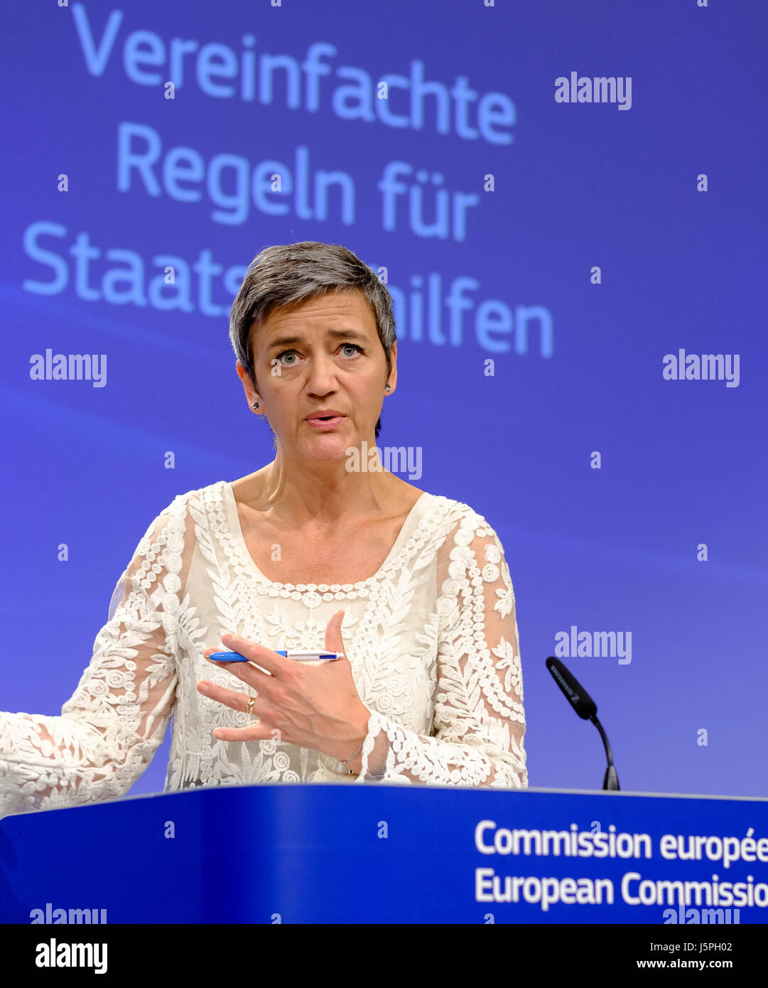 EU Competition Commissioner Margrethe Vestager talking to media about ...