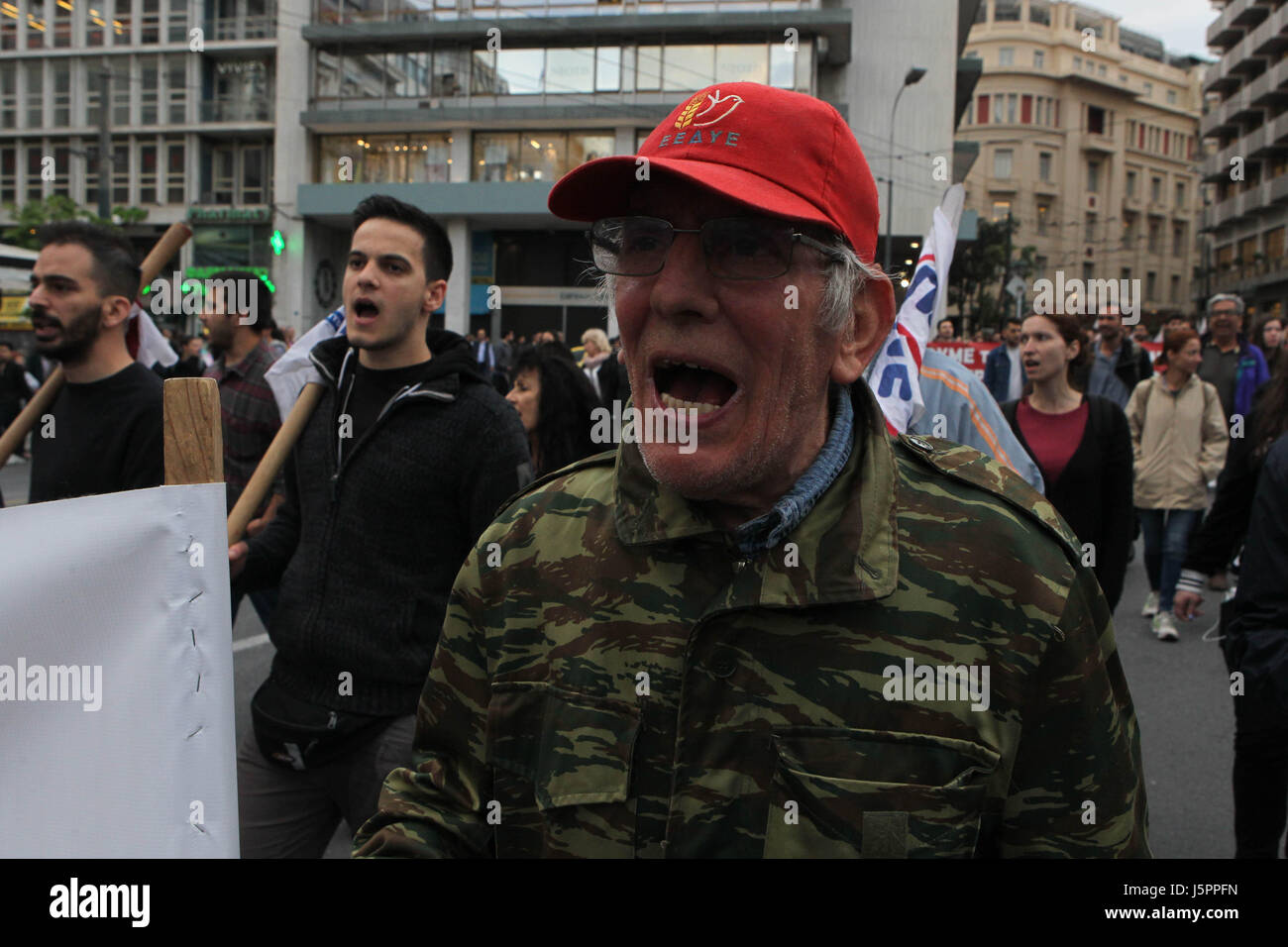 Athens, Greece. 18th May, 2017. Protesters chant slogans during a rally ...