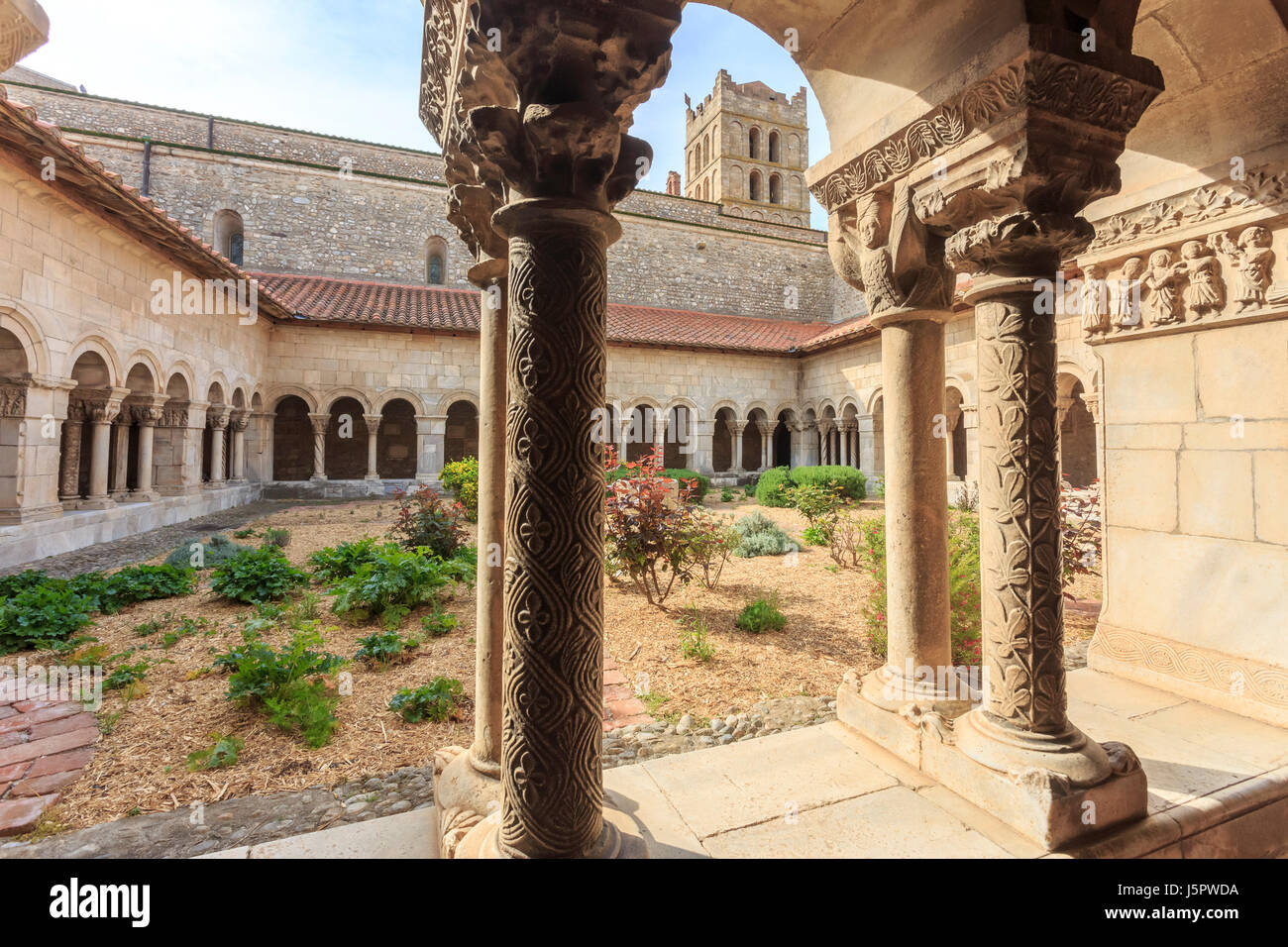France, Pyrenees Orientales, Elne, Elne Cathedral, Romanesque cloister ...