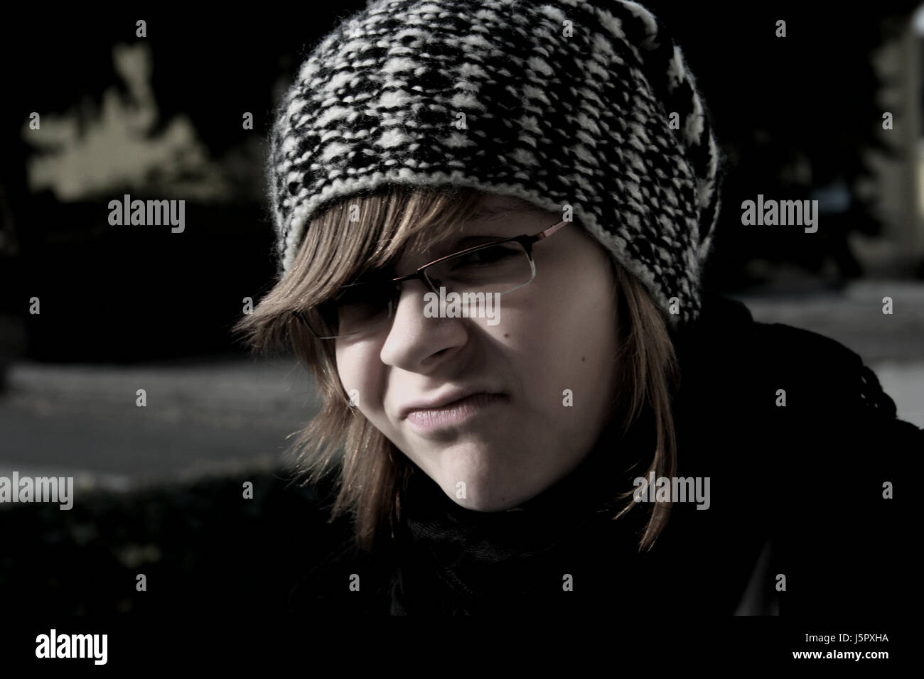 face look glancing see view looking peeking looking at cap scarf blond ...