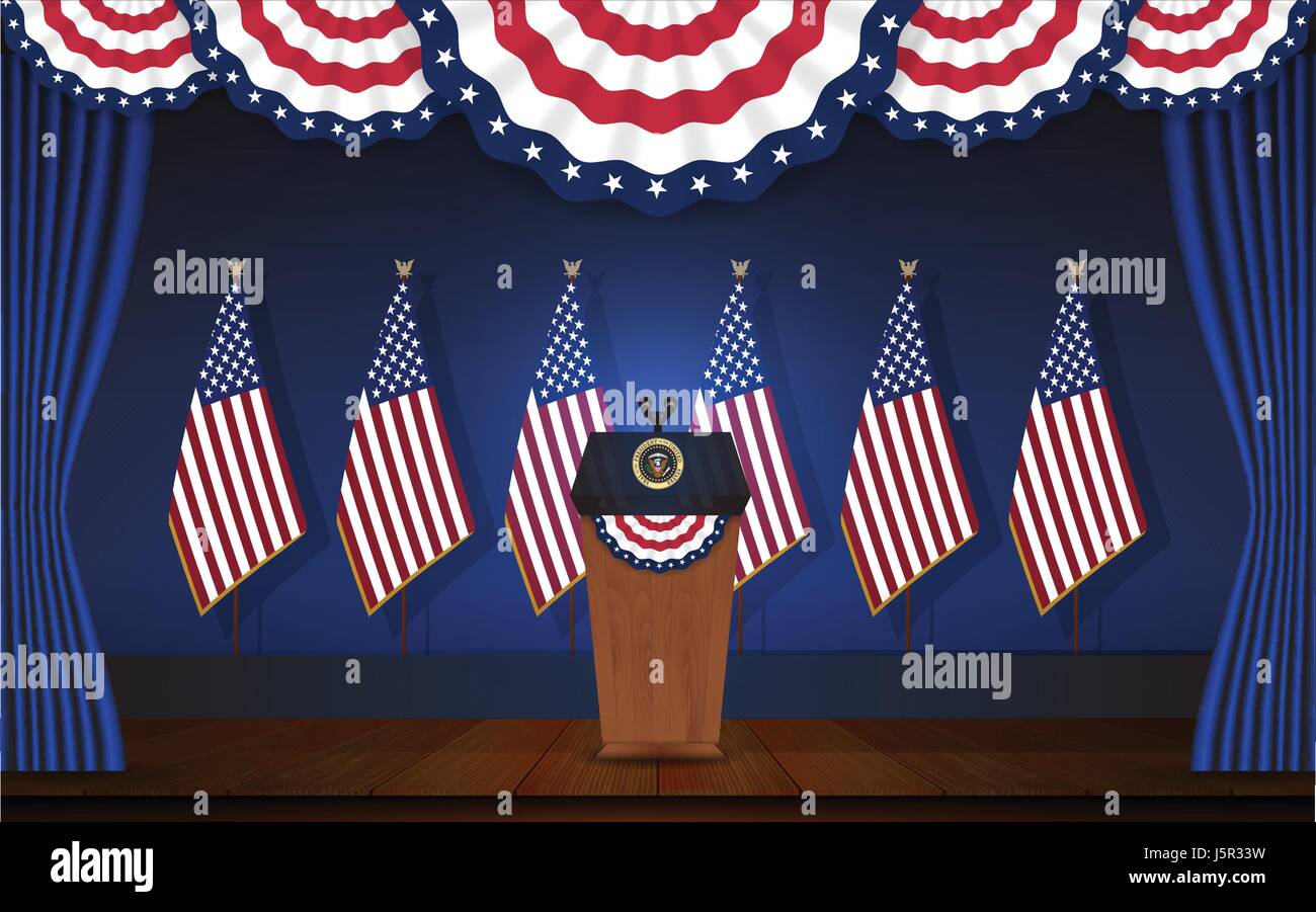 President podium on stage with flagstaff on back and semi-circle flag ...