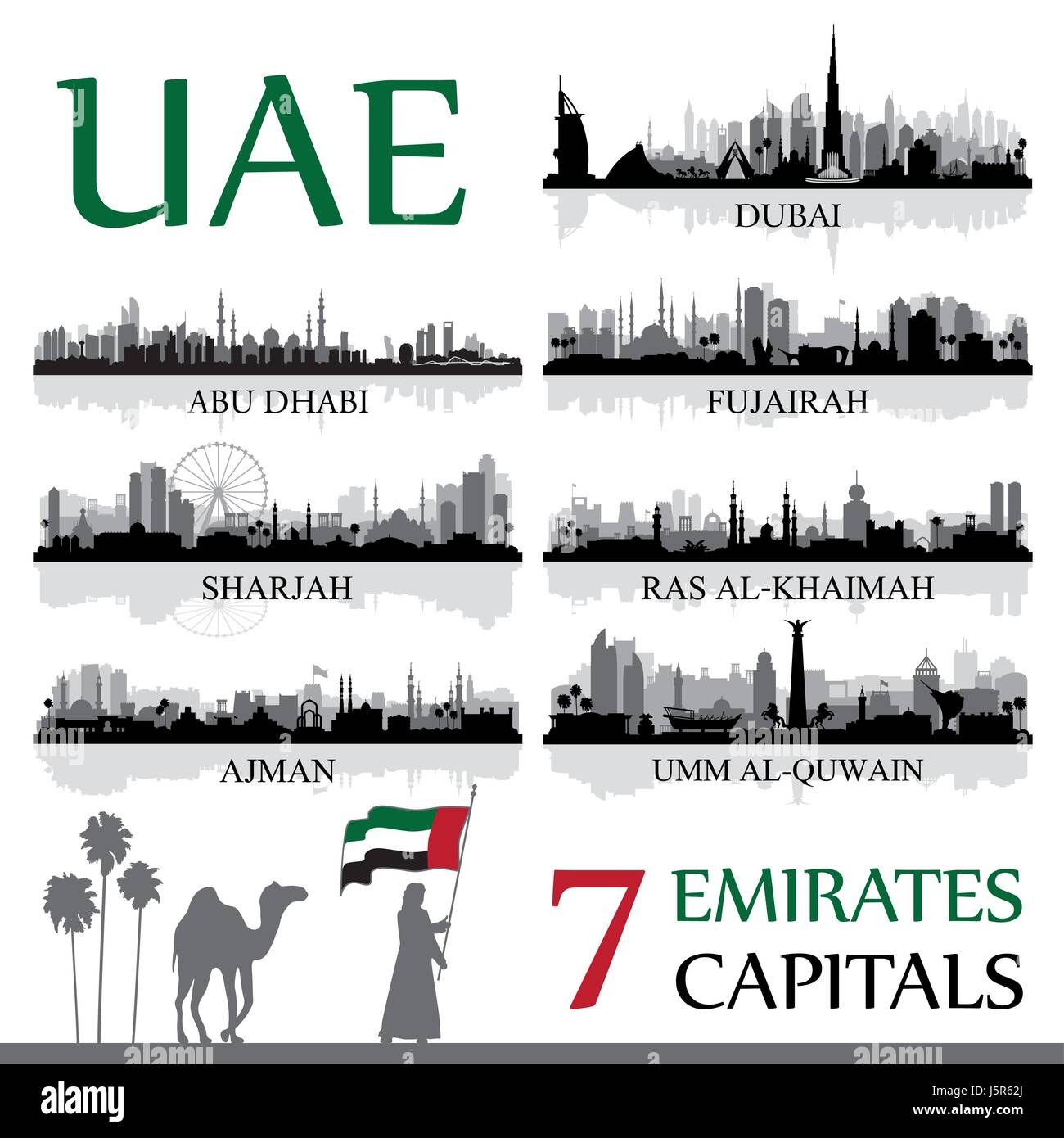 All the capital cities of the United Arab Emirates, vector illustration ...