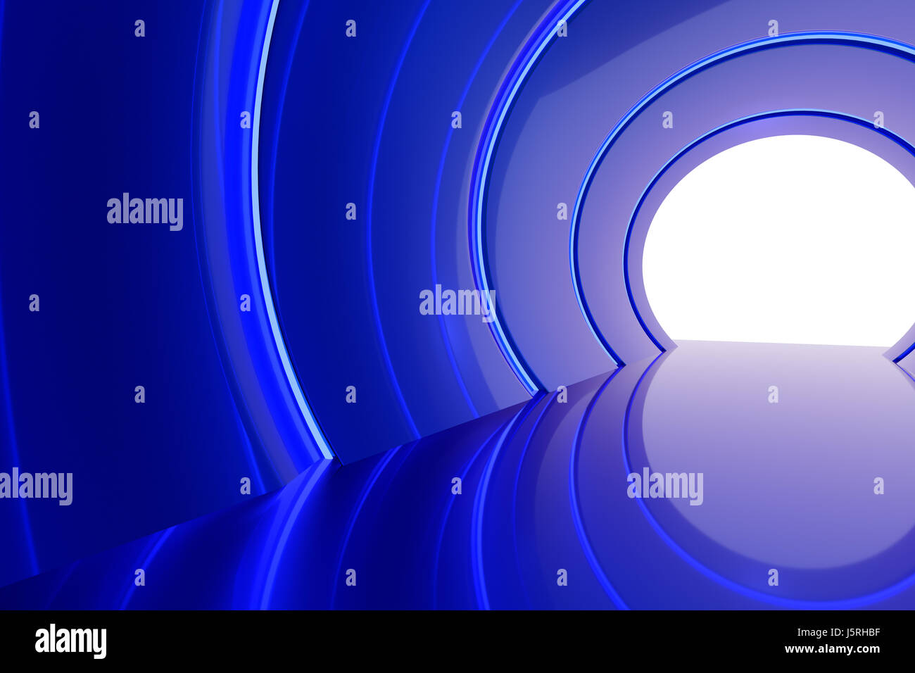 Abstract interior with glow lines and white exit in end corridor. 3d ...