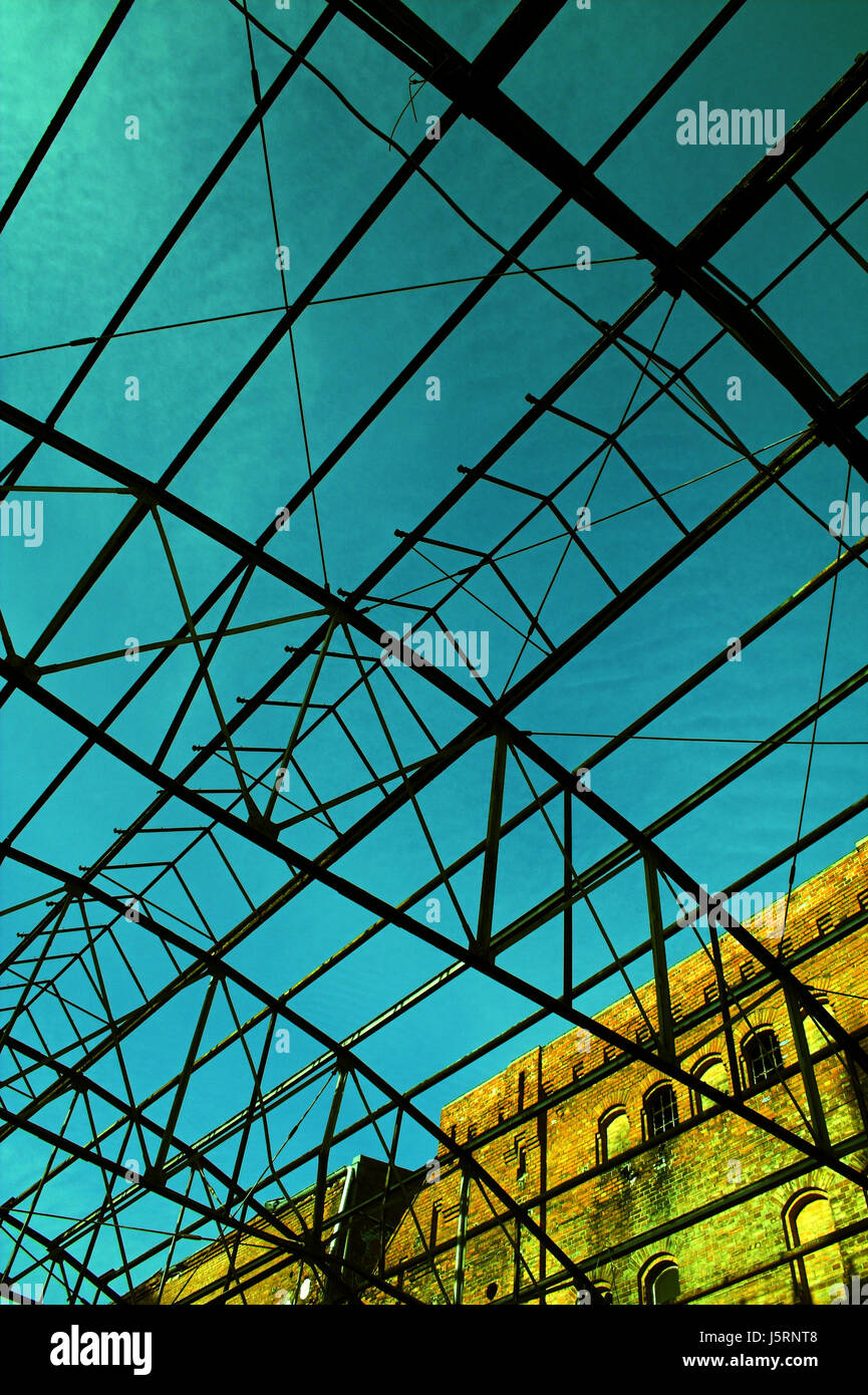 metal metal construction strutting rooftop hall blue metal ruin statics ...