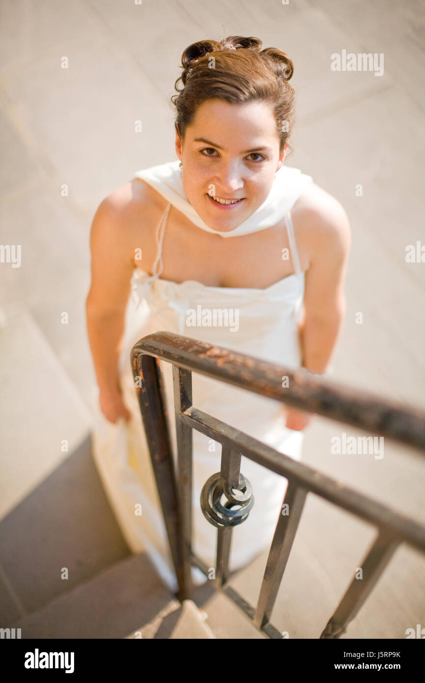 woman wait waiting stairs laugh laughs laughing twit giggle smile ...