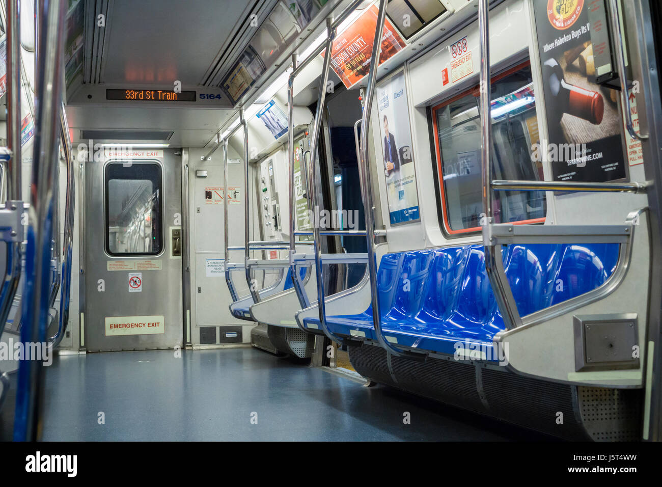 An empty PATH (Port Authority Trans-Hudson) subway car seen in its ...