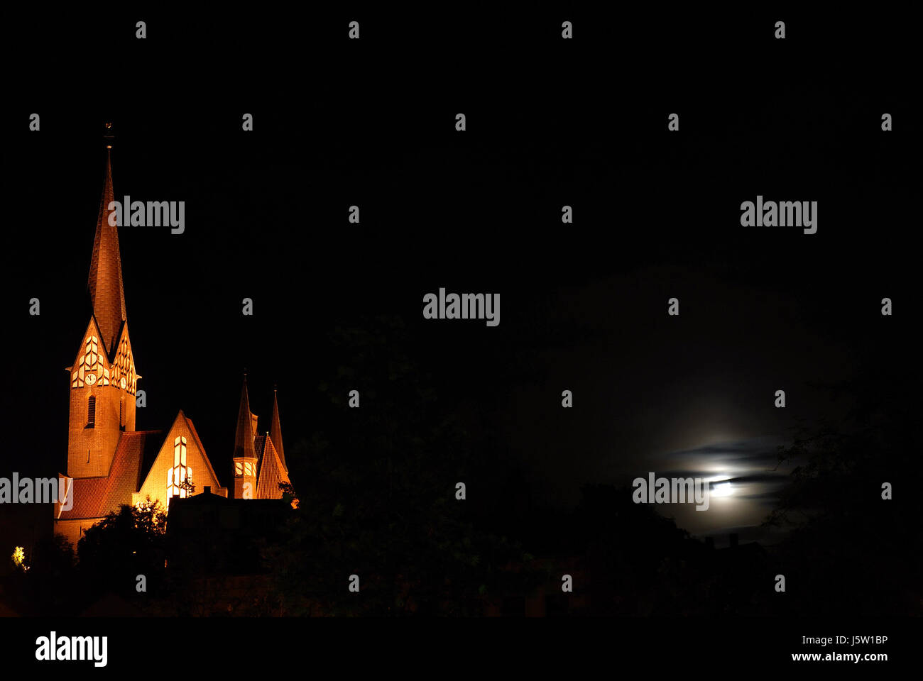 church night nighttime moon harbor harbours clouds religion church ...