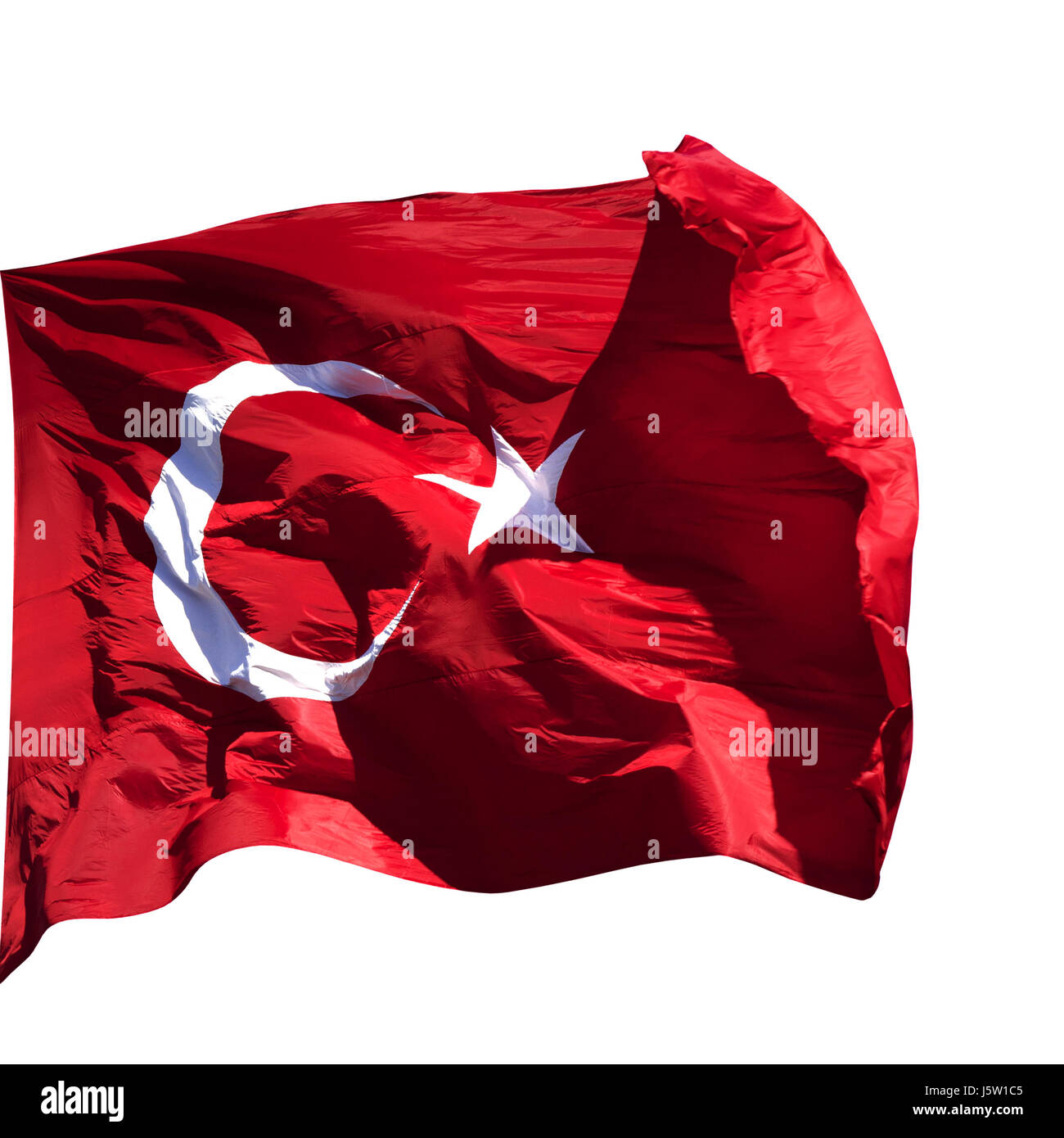 Turkish flag waving in wind at sun day. Isolated on white background ...