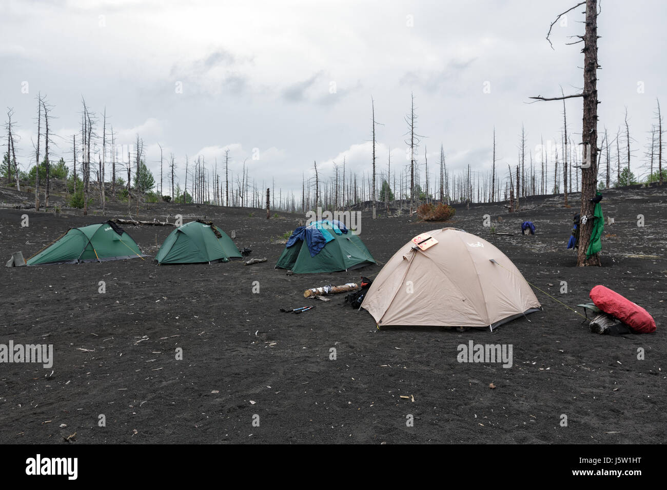 Tourist tents standing in Dead Wood on volcanic slag, ash eruptions ...