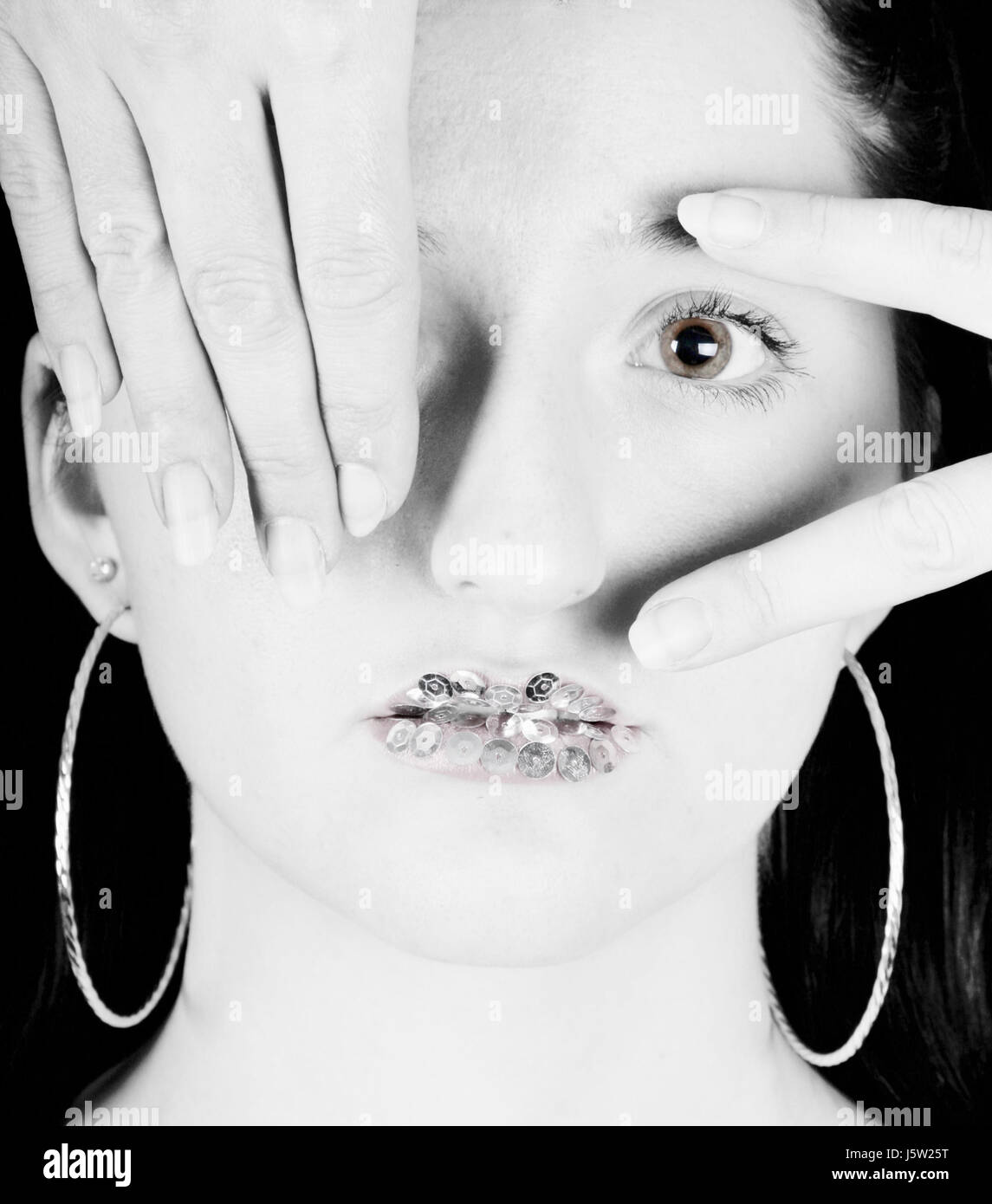 woman hand hands finger face eye organ look glancing see view looking ...