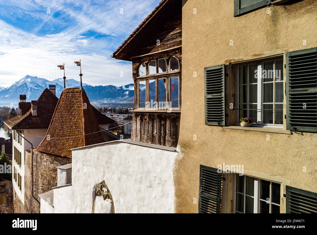 Old classic style windows of Switzerland, renovated house Stock Photo ...