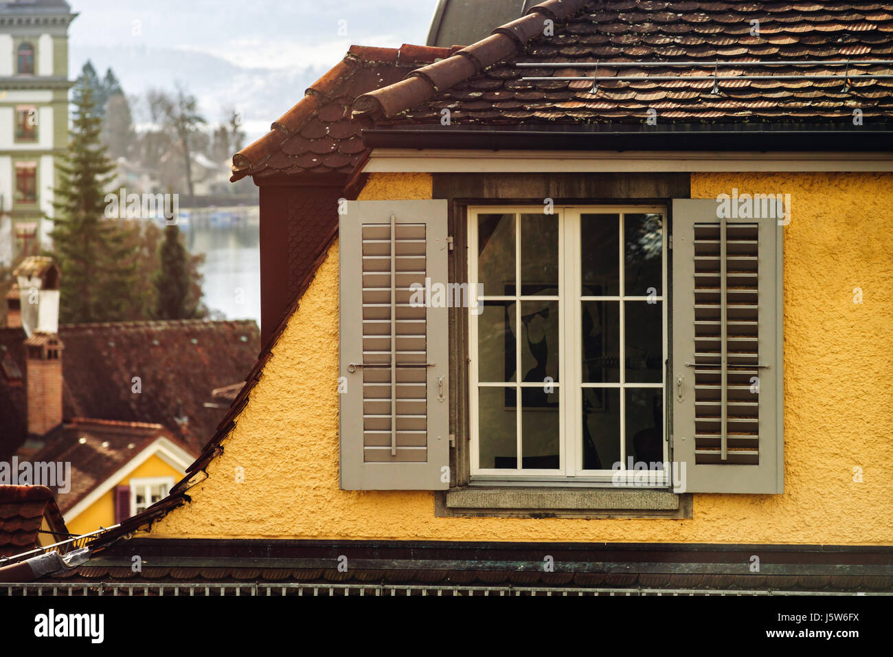 Old classic style windows of Switzerland, renovated house Stock Photo ...