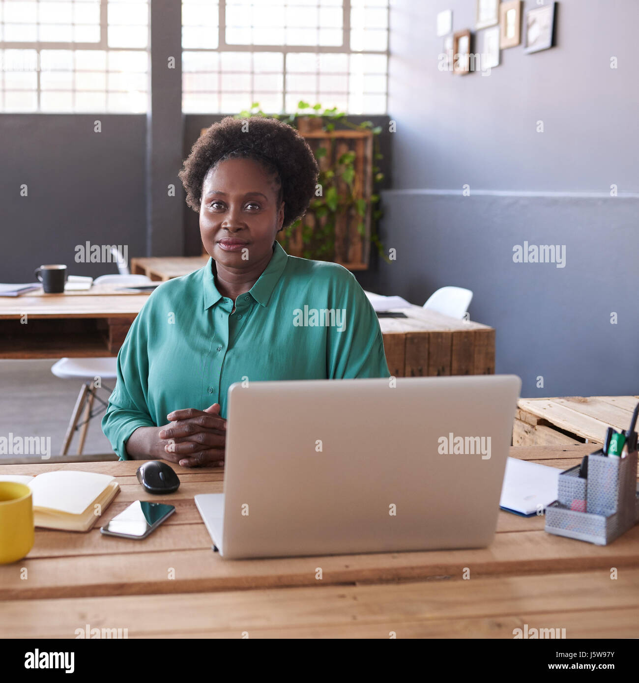 Modern African businesswoman using a laptop in a modern office Stock ...