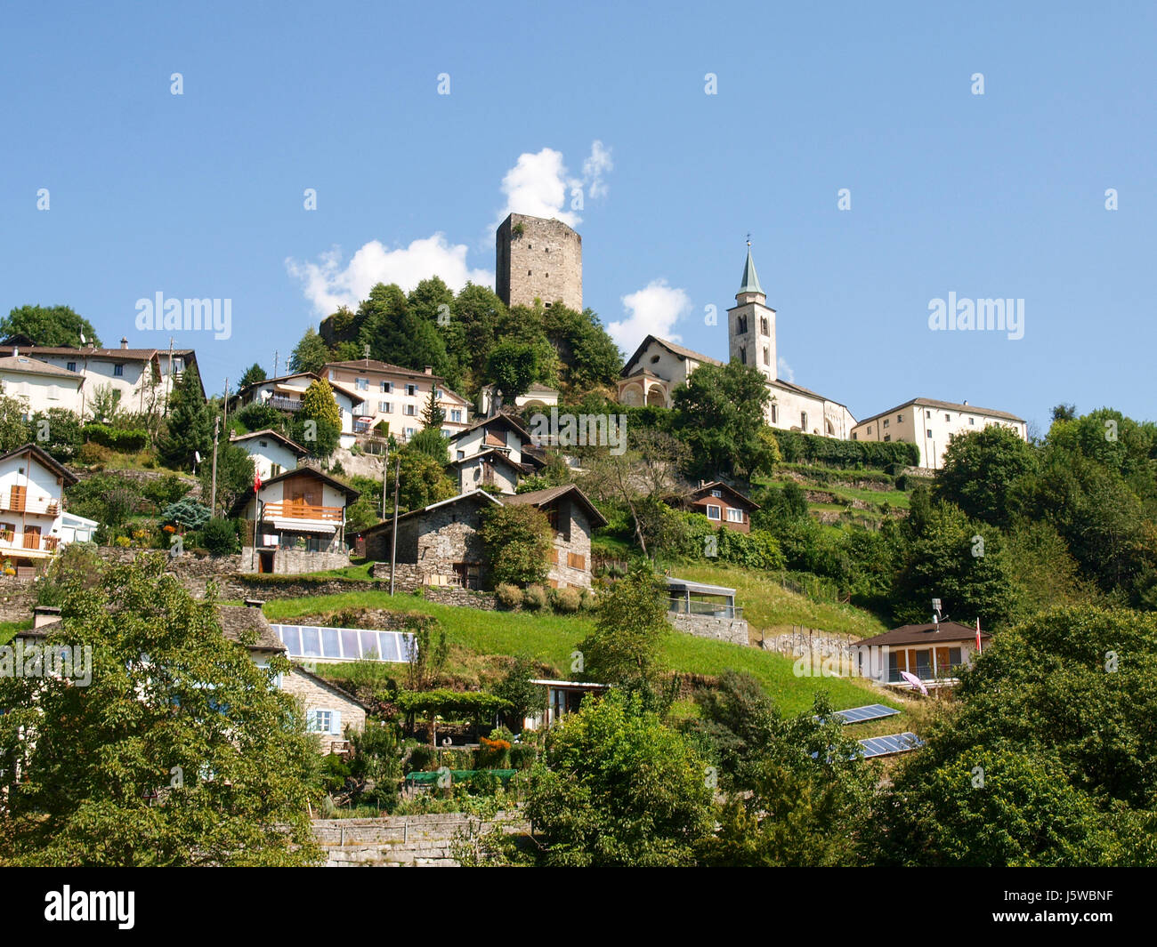 Santa Maria in Calanca, Switzerland: View of the mountain village with ...