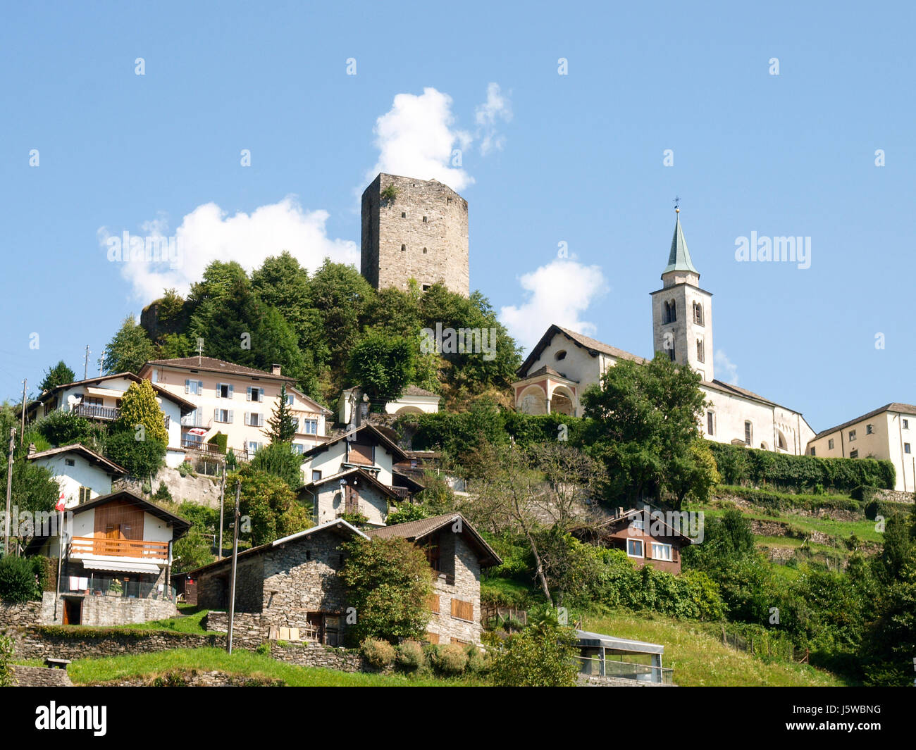 Santa Maria in Calanca, Switzerland: View of the mountain village with ...