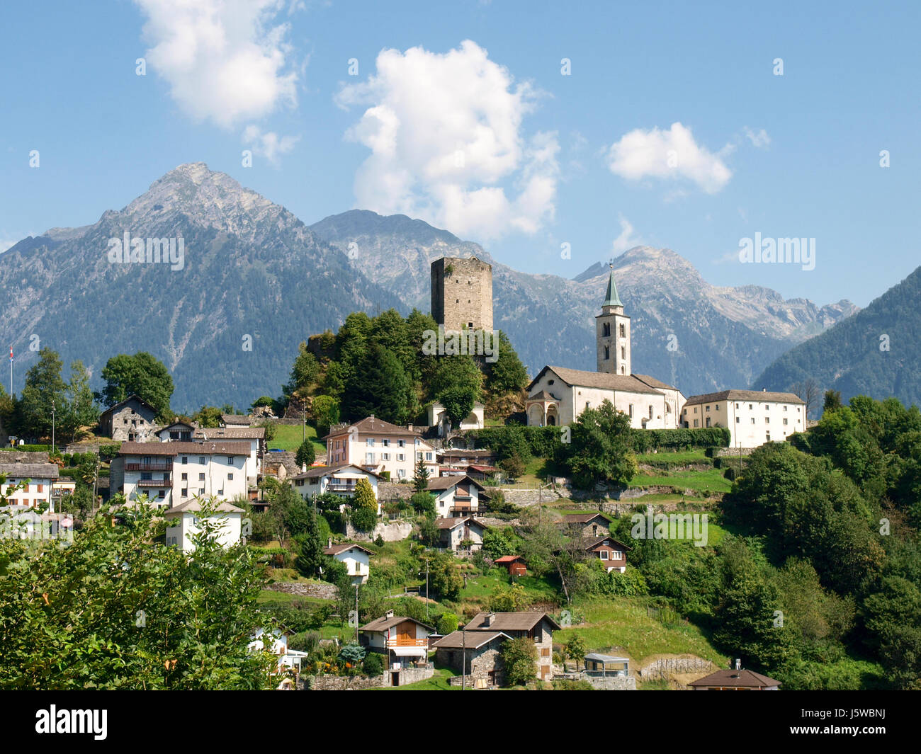 Santa Maria in Calanca, Switzerland: View of the mountain village with ...