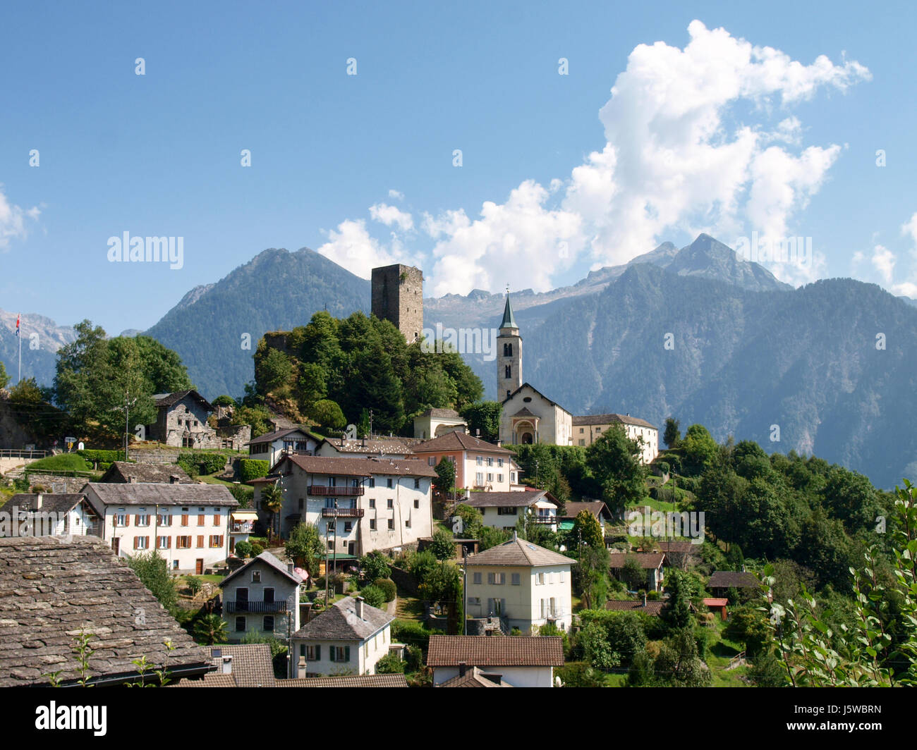 Santa Maria in Calanca, Switzerland: View of the mountain village with ...