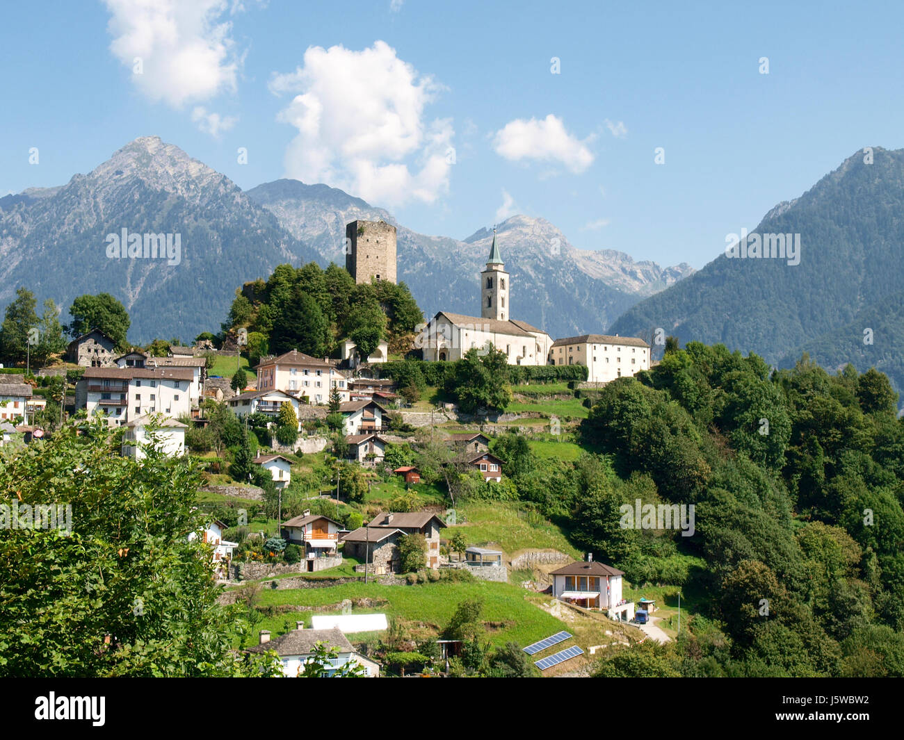 Santa Maria in Calanca, Switzerland: View of the mountain village with ...