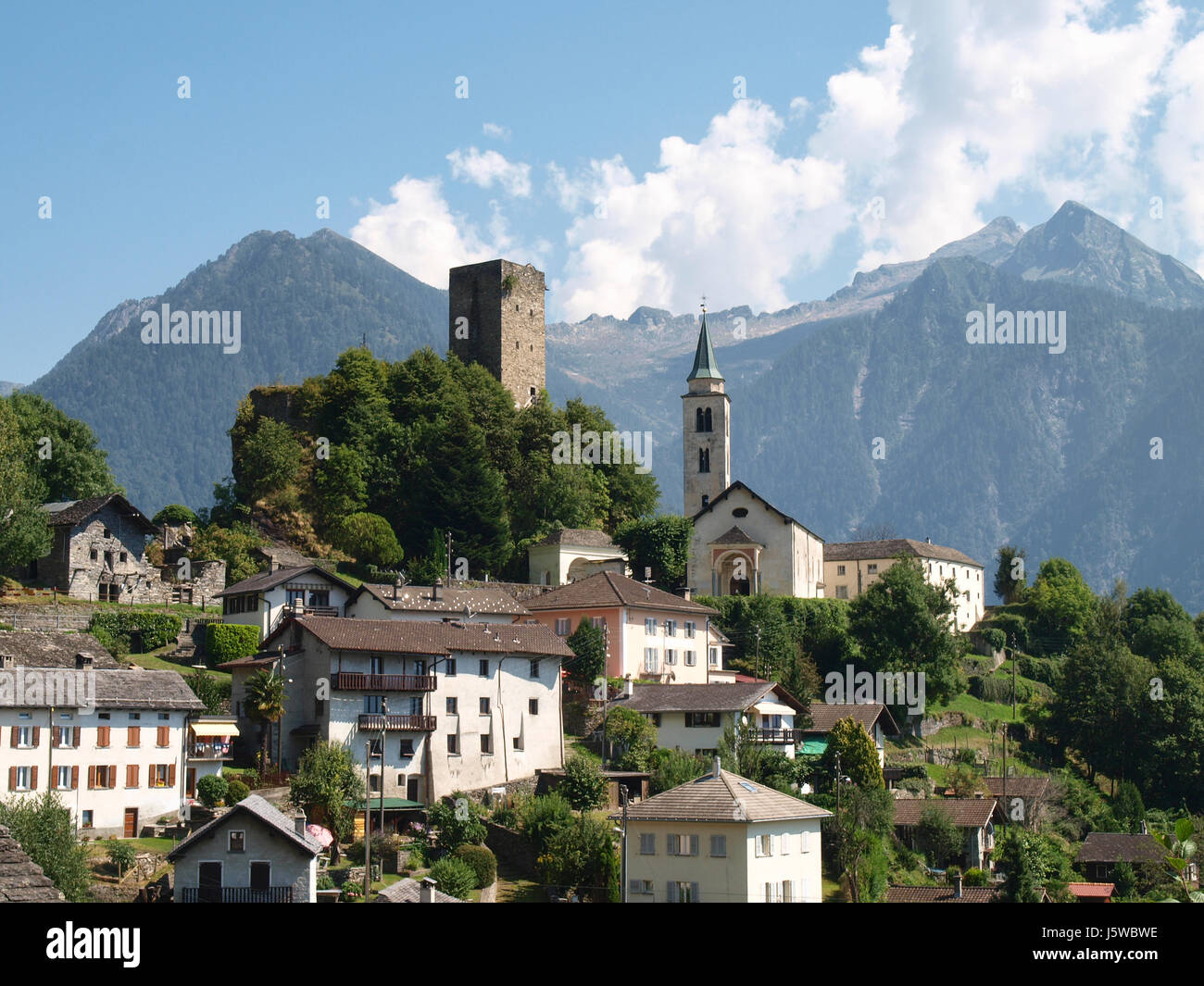 Santa Maria in Calanca, Switzerland: View of the mountain village with ...