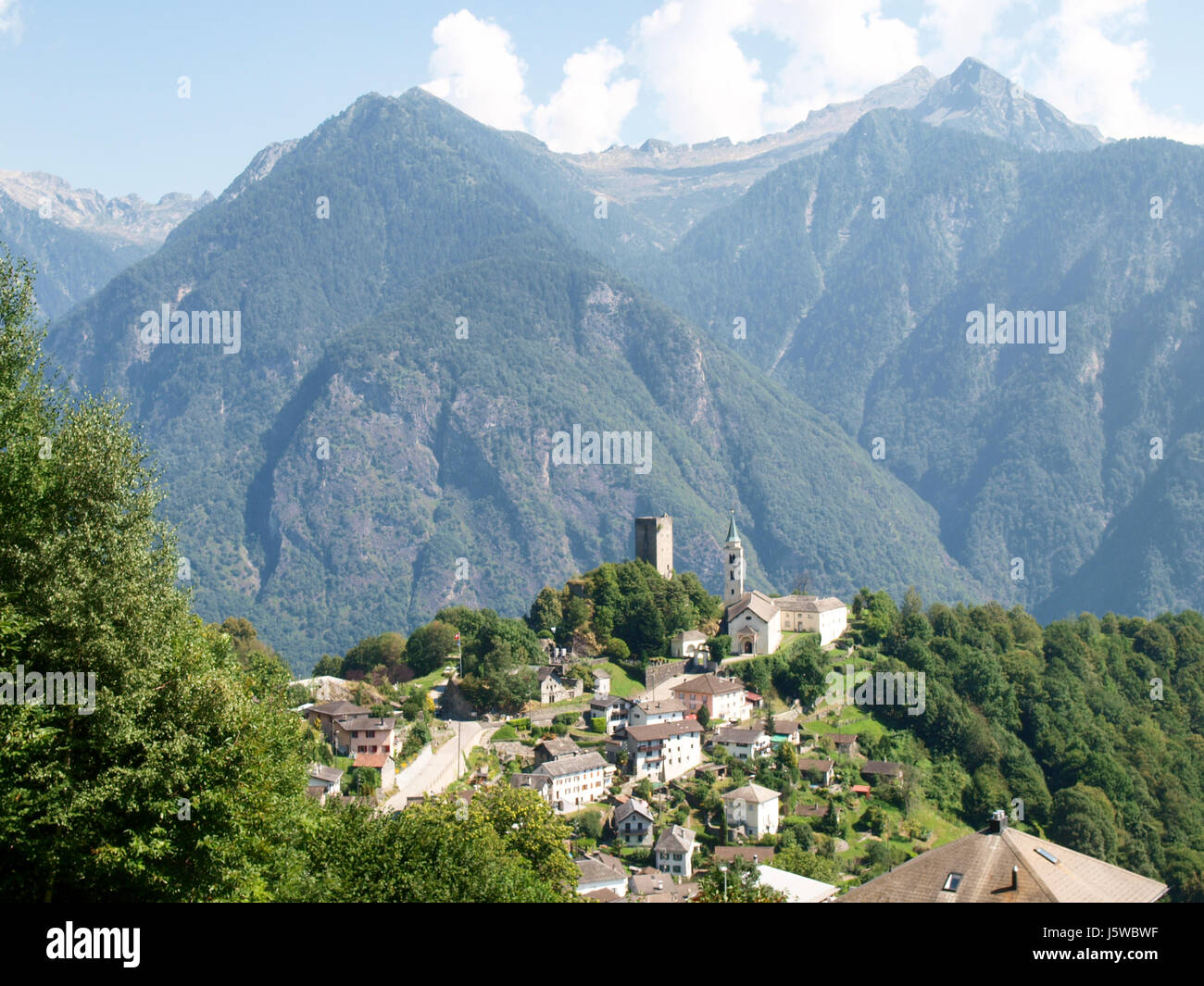 Santa Maria in Calanca, Switzerland: View of the mountain village with ...