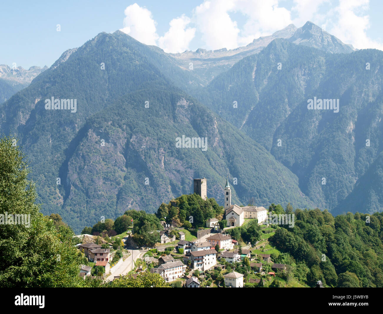 Santa Maria in Calanca, Switzerland: View of the mountain village with ...