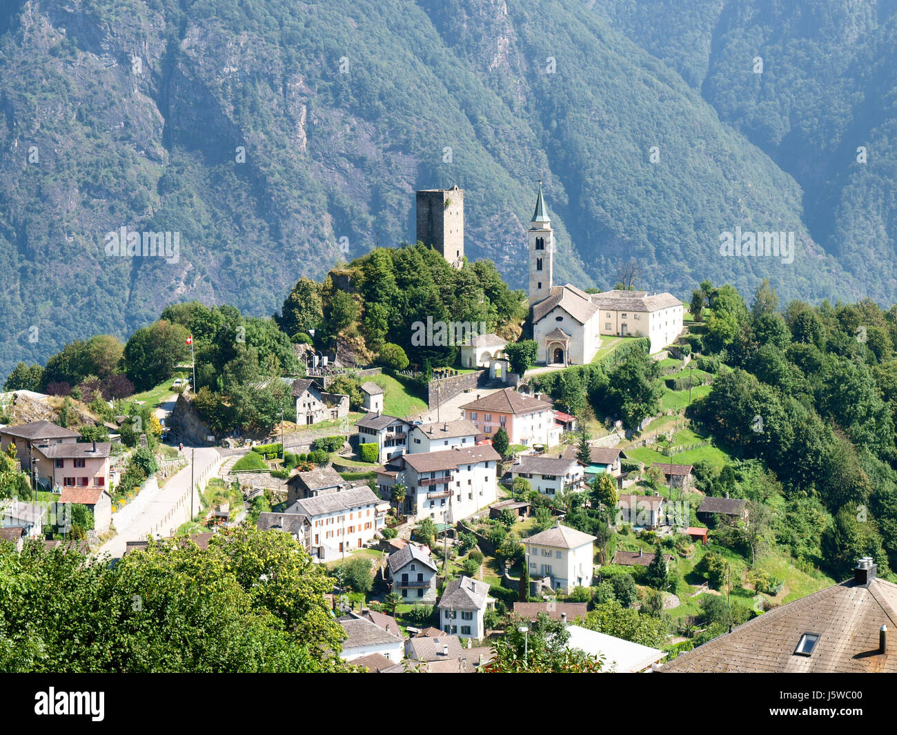 Santa Maria in Calanca, Switzerland: View of the mountain village with ...