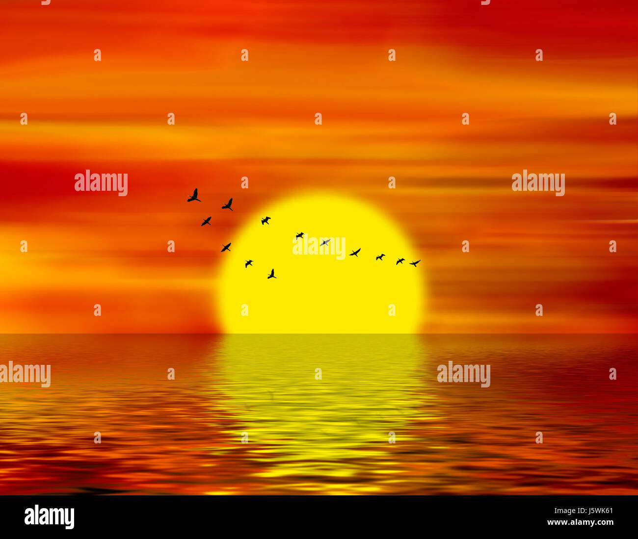 horizon sunset birds fantasy illustration color salt water sea ocean ...
