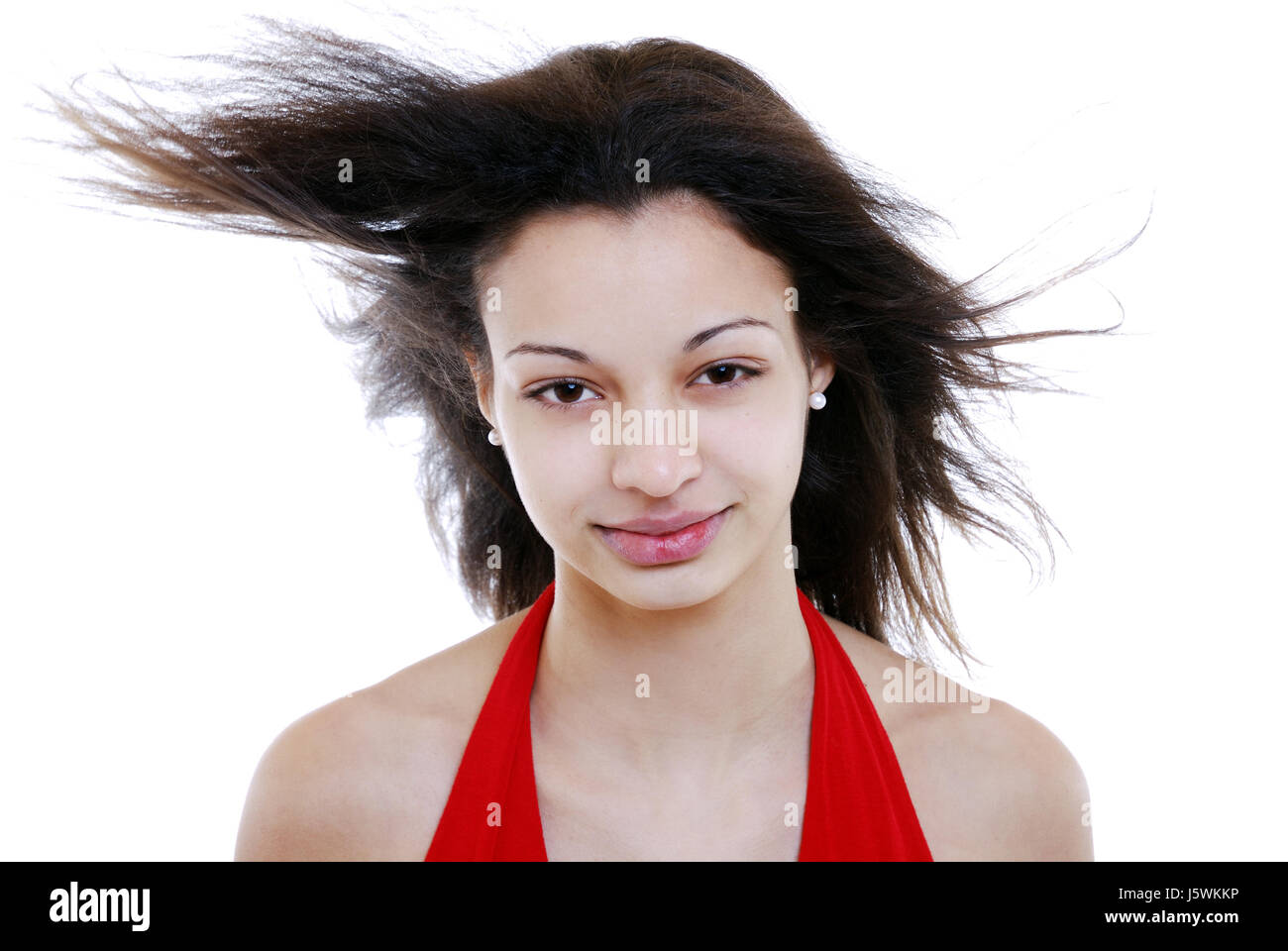 woman hairs hairdo windy young younger wind motion postponement moving ...