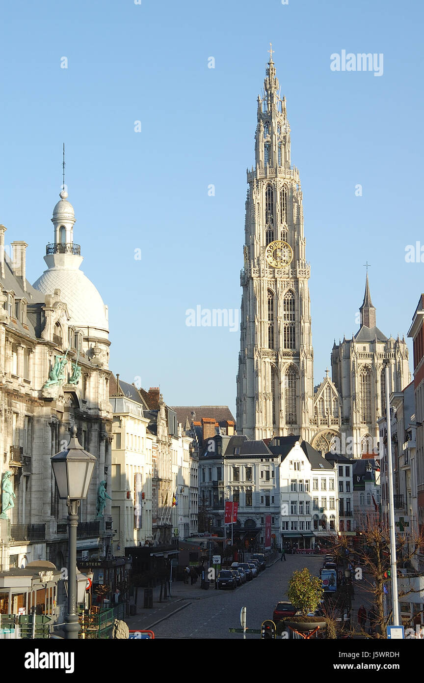 city town culture sights belgium storefronts destination antwerp church ...