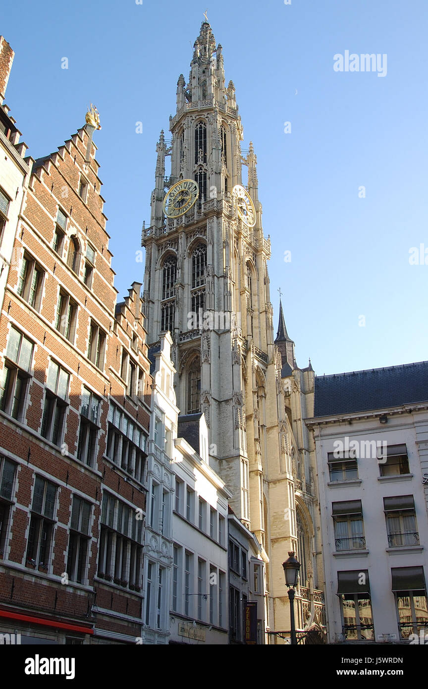 city town culture sights belgium storefronts destination antwerp church ...