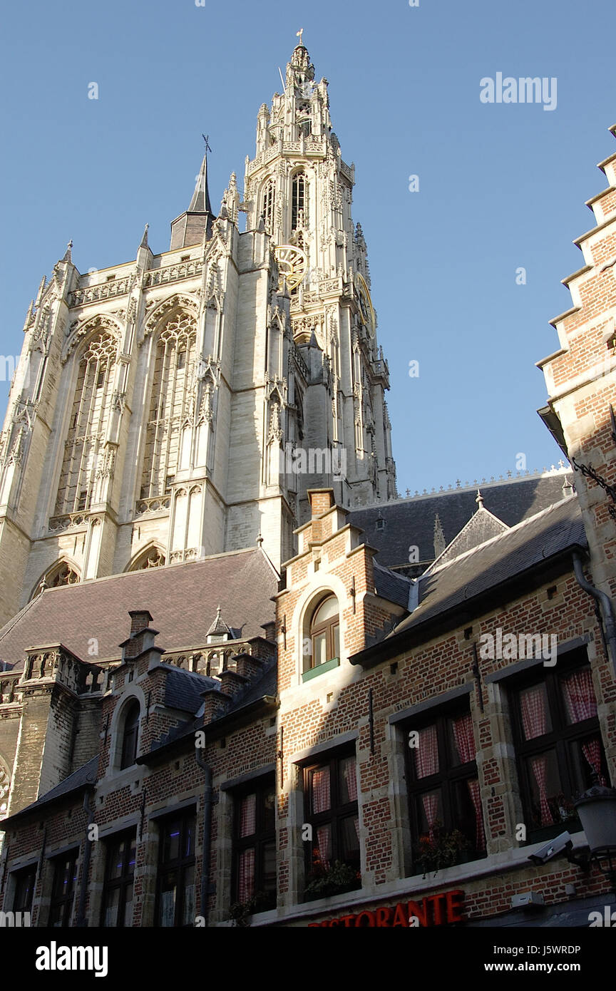city town culture sights belgium storefronts destination antwerp church ...
