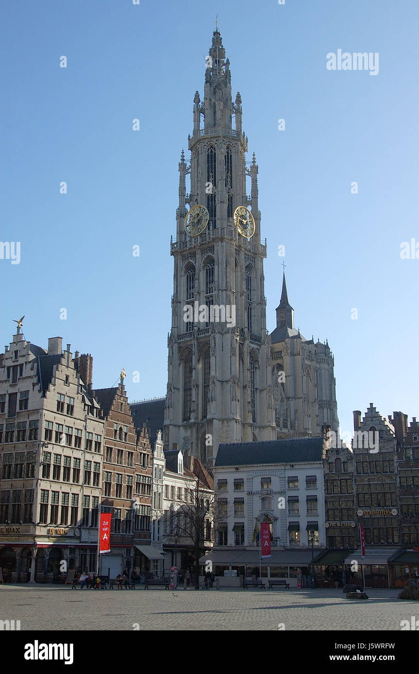 city town culture sights belgium storefronts destination antwerp church ...