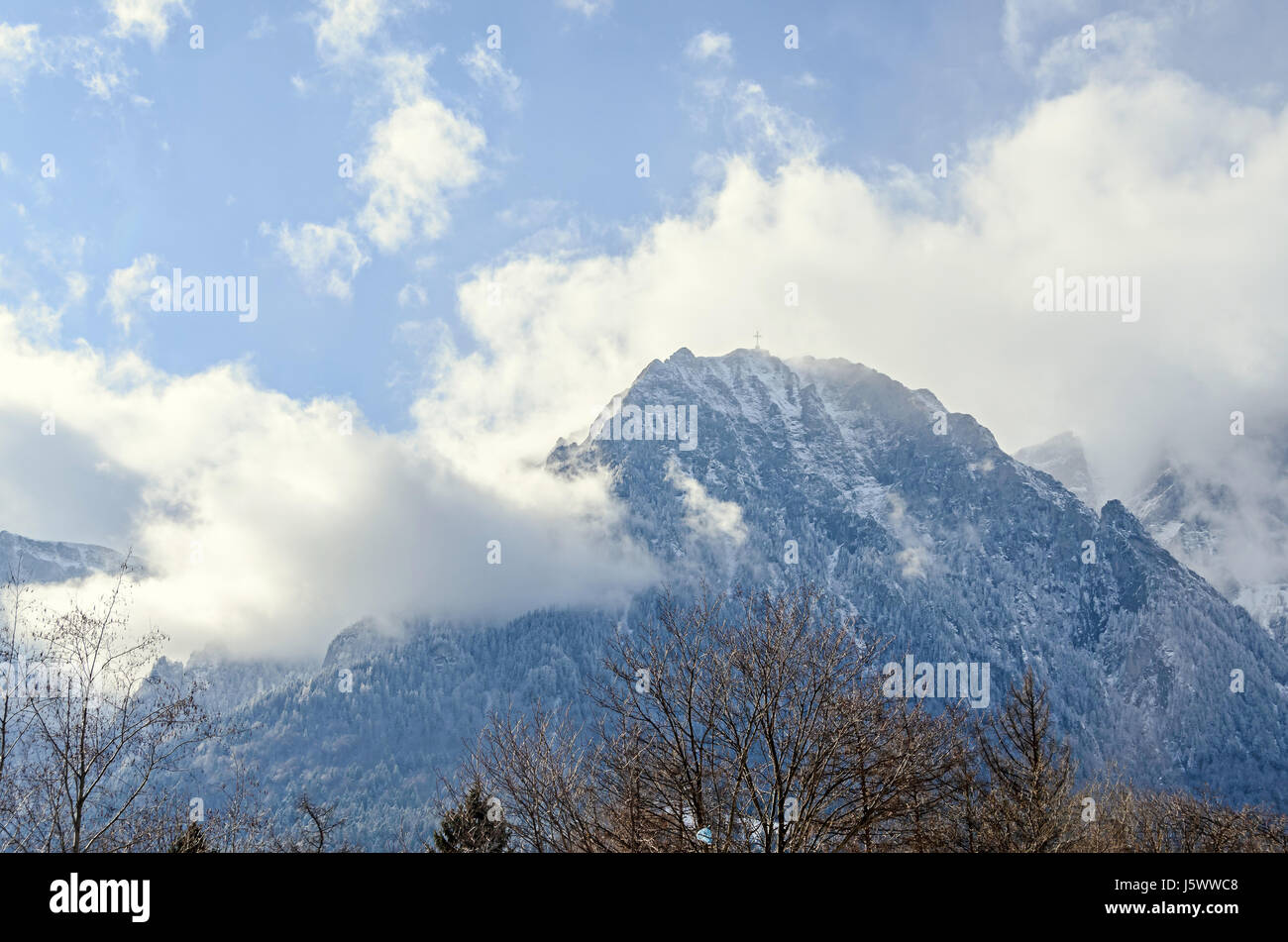 Carpathians Mountains, Bucegi range with Cross in top of Caraiman Peak ...