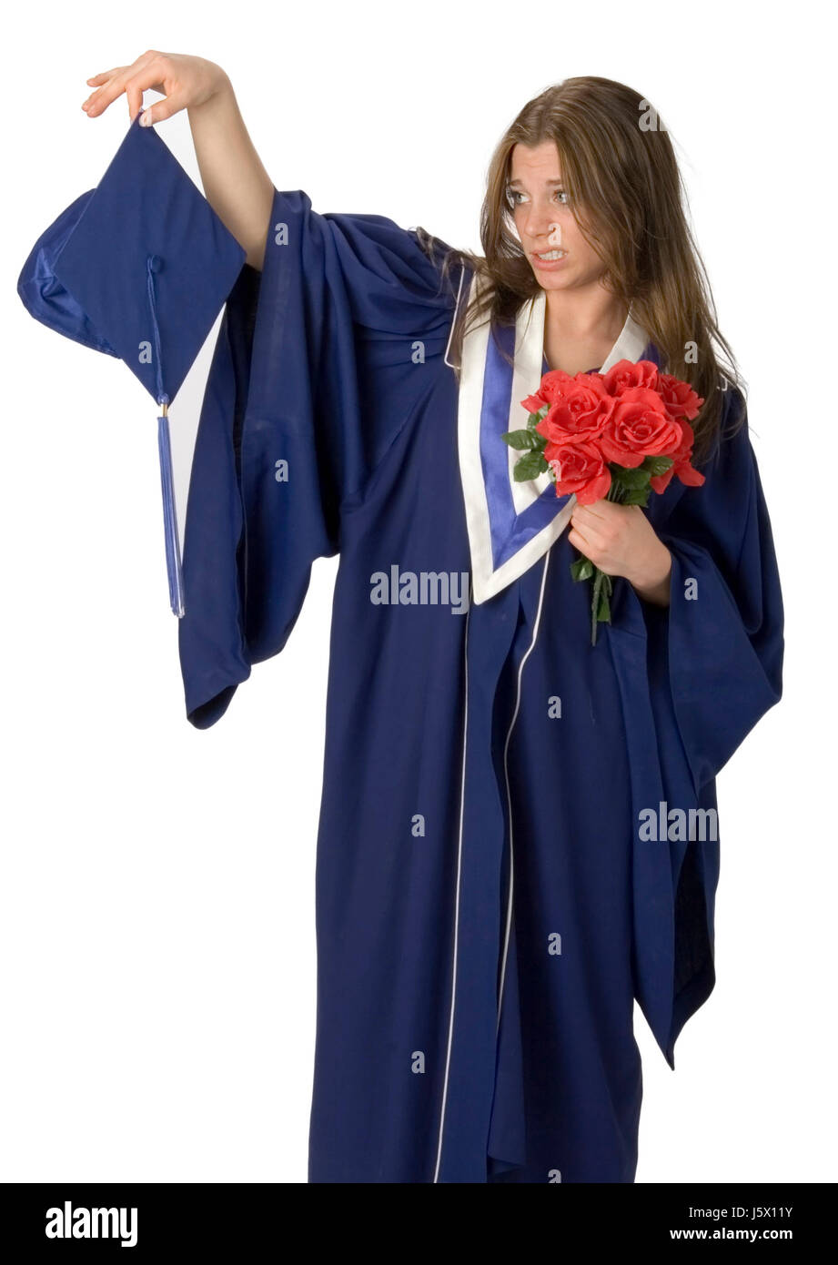 isolated teen student disgusted doubtful graduate girl girls woman blue ...