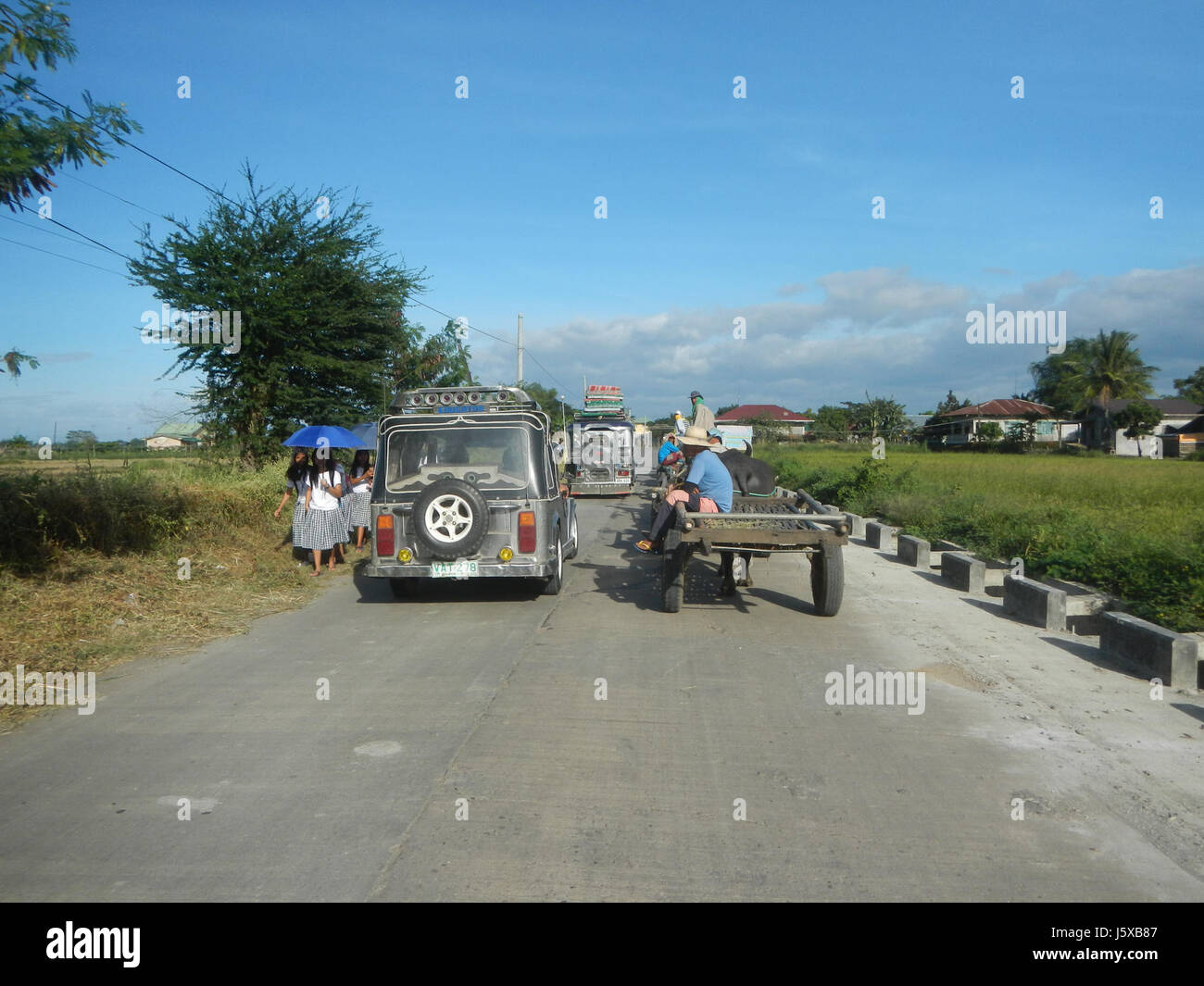 The image depicts wooden carts drawn by carabaos, part of a traditional ...