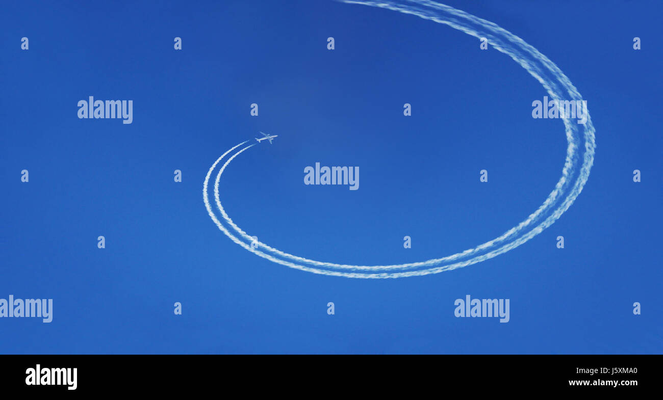 blue loop contrail approach firmament sky aircraft aeroplane plane ...